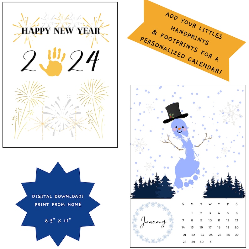 2024 Handprint Calander, Small, 2024 Footprint Calander, DIY Calander ...