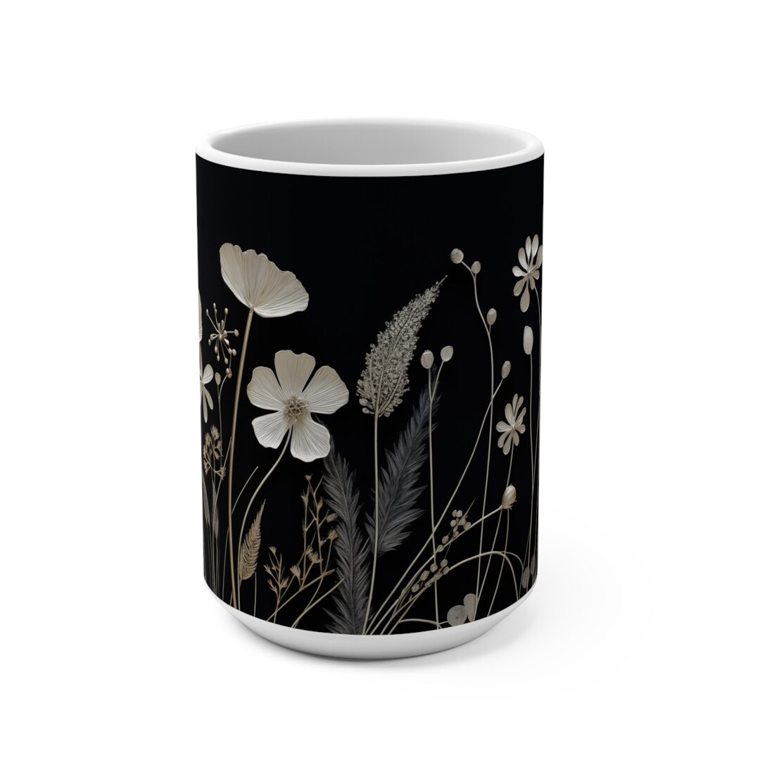 1-tone Silver, Botanical Ceramic Mug 15oz, Black Pattern A - Etsy