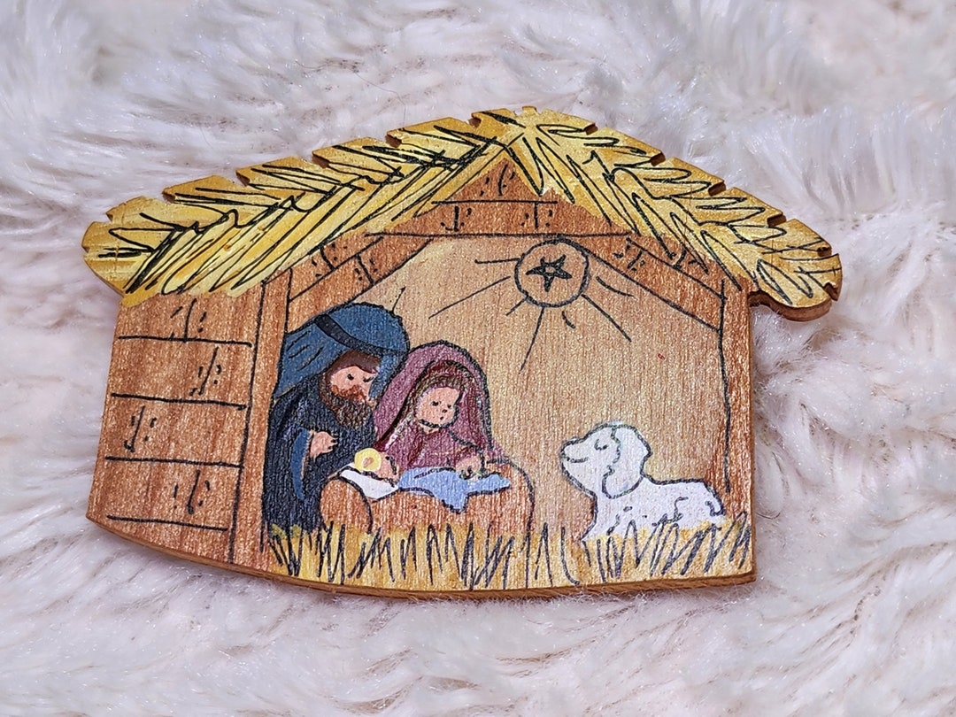 Handcrafted Jesus in a Manger Wooden Brooch - Wearable Nativity Scene ...