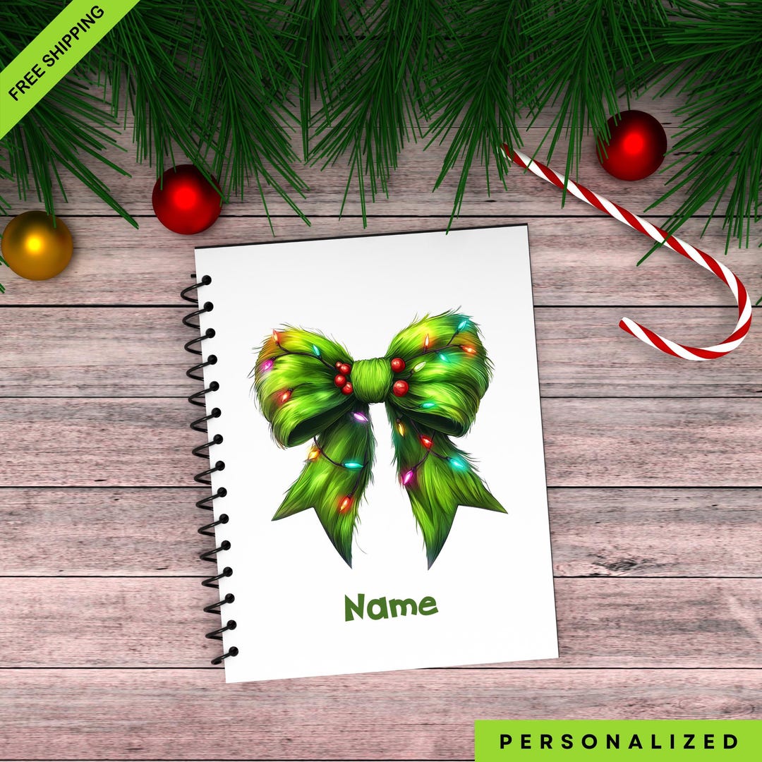 Personalized Grinch Bow Notebook Grinch Coquette Bow Christmas Notebook ...