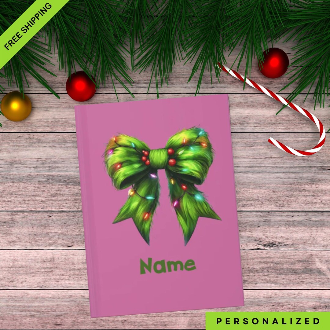 Personalized Grinch Bow Journal Grinch Coquette Bow Christmas Journal ...