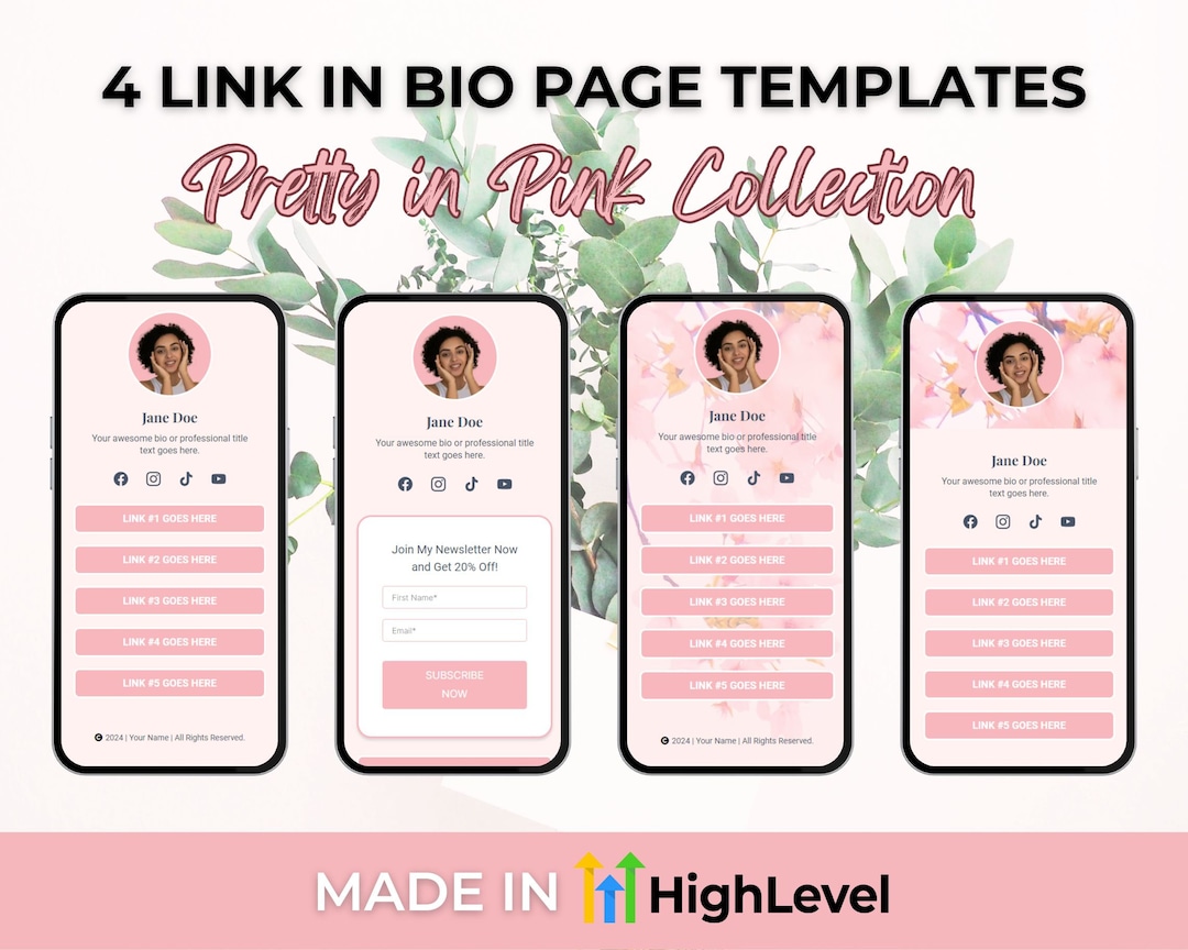 Link in Bio Templates for High Level, Gohighlevel, Pink Color Scheme ...