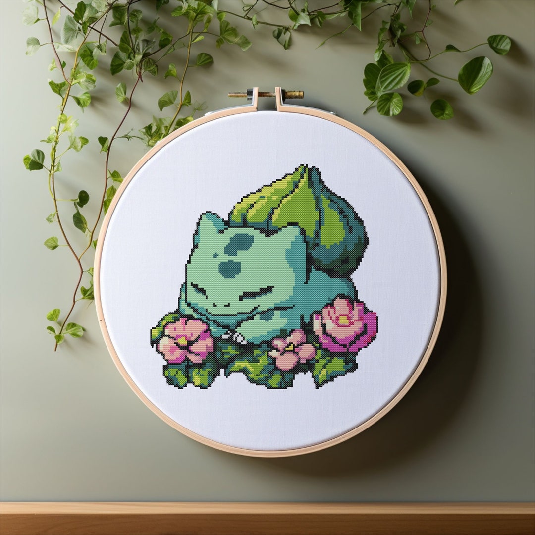 Sleepy Bulbasaur Cross Stitch Pattern, Spring Flowers (PDF Pattern) - Etsy
