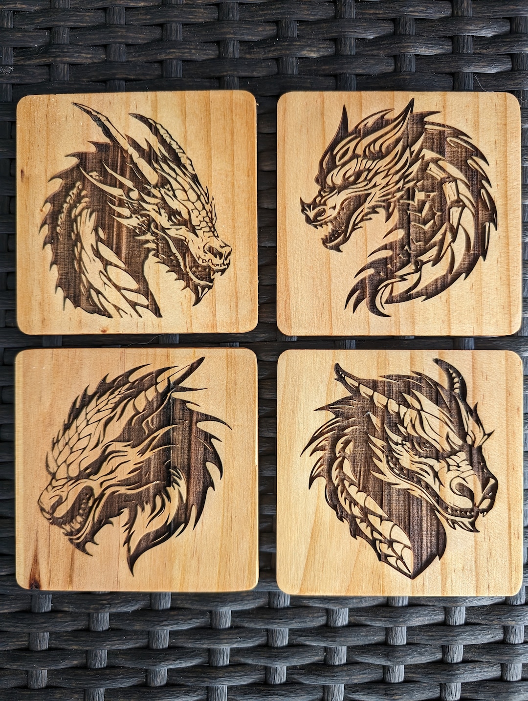 Laser Engraved Dragon Head Pine Coasters: Fantasy Home Decor Gift - Etsy