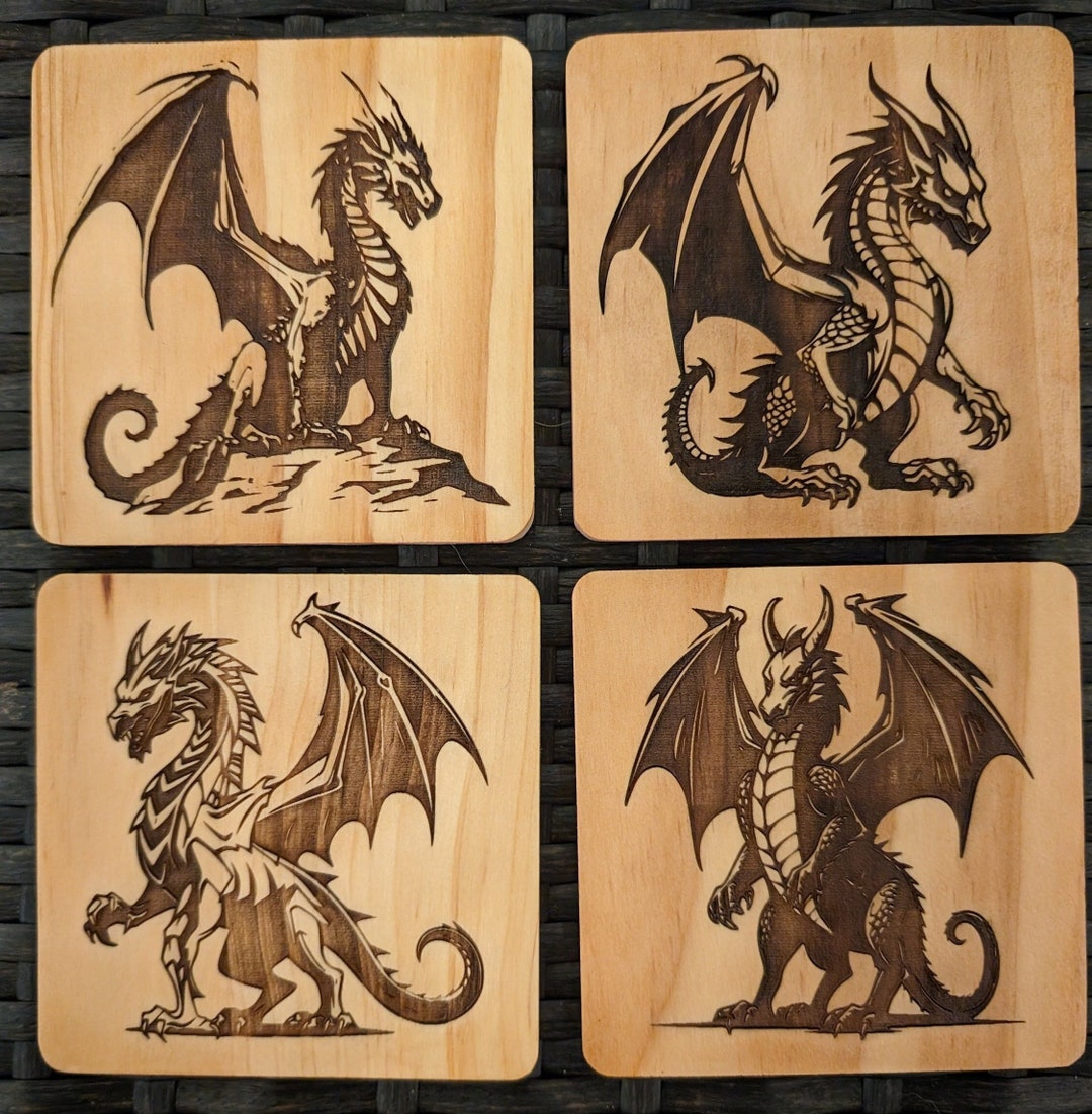 Dragon Wooden Coasters, Laser Engraved Drink Coasters, Fantasy Pine ...