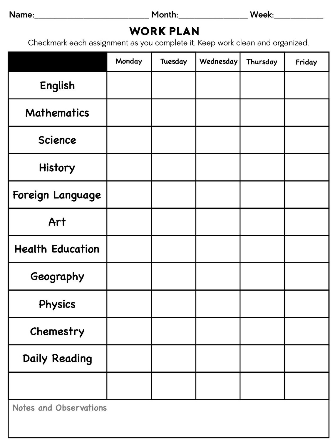Student Weekly Work Plan - Etsy