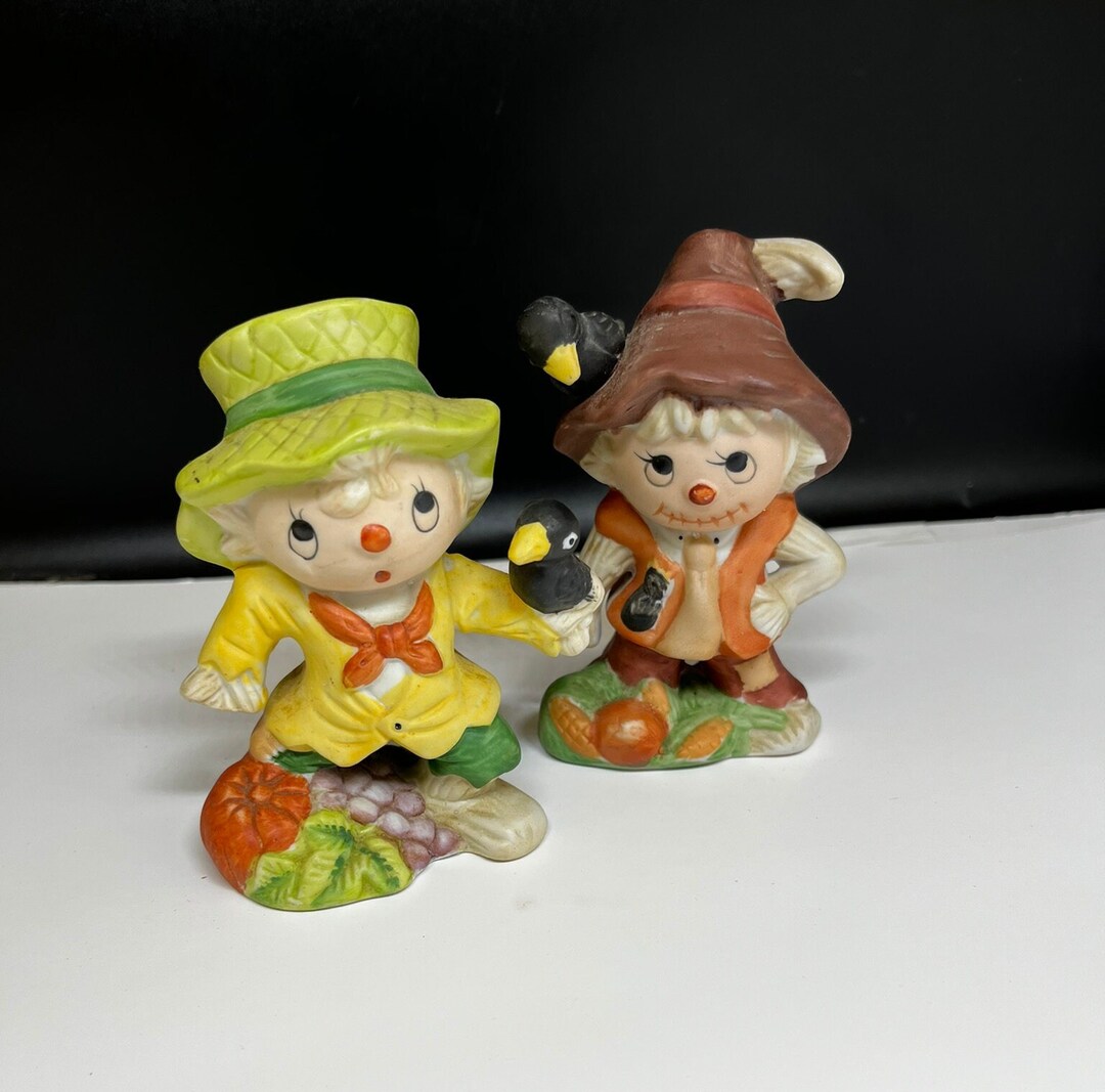 Vintage Set of 2 Scarecrow Ceramic Figurines Halloween Fall Autumn ...