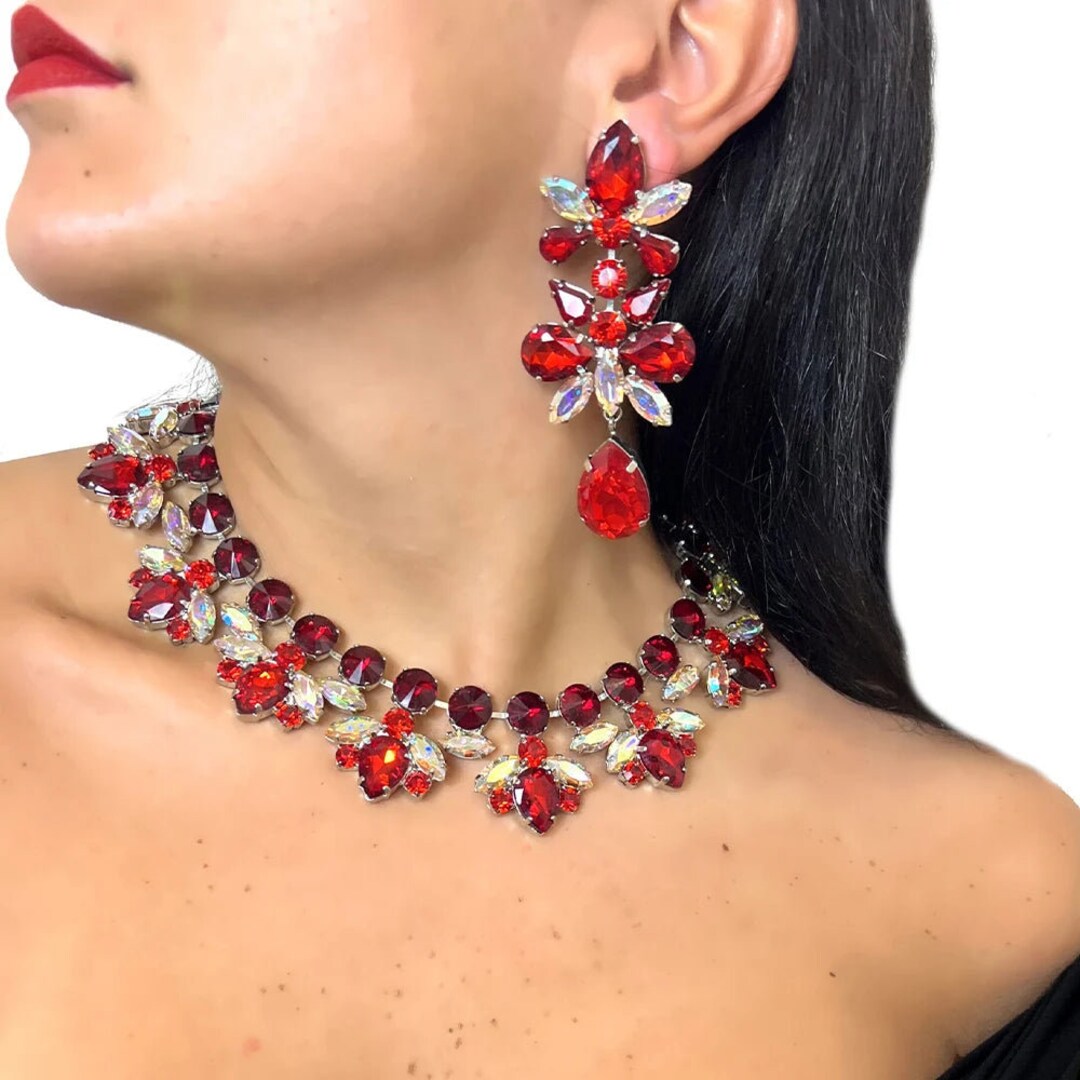 Red Pendant Earrings Necklace Sets Women Vintage Luxury - Etsy