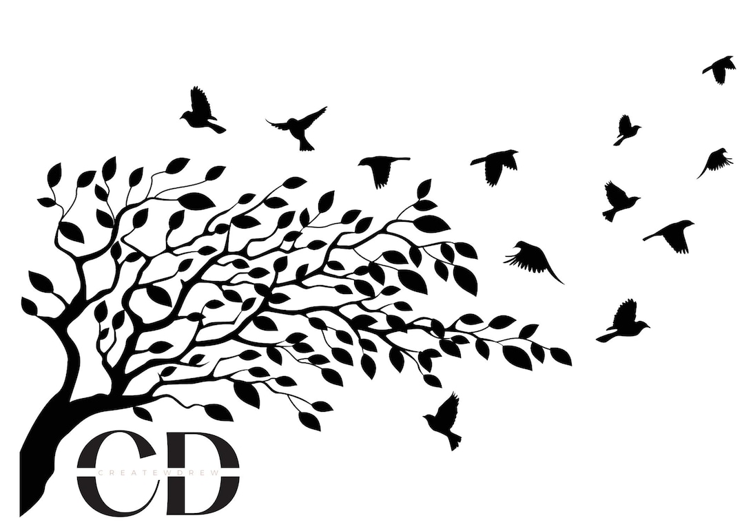 Flowing Tree With Birds Flying Tree Png Digital File Download Scale ...