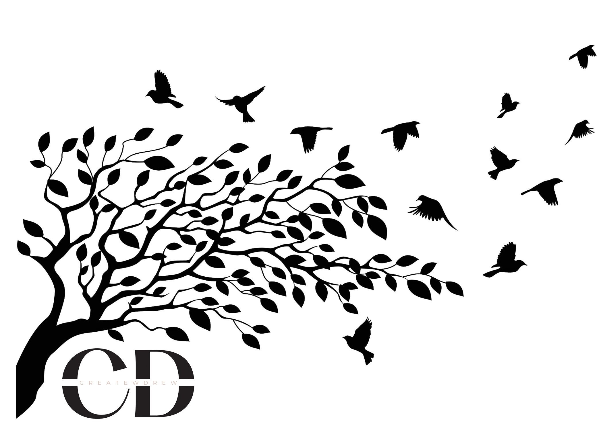 Flowing Tree With Birds Flying Tree Png Digital File Download Scale ...
