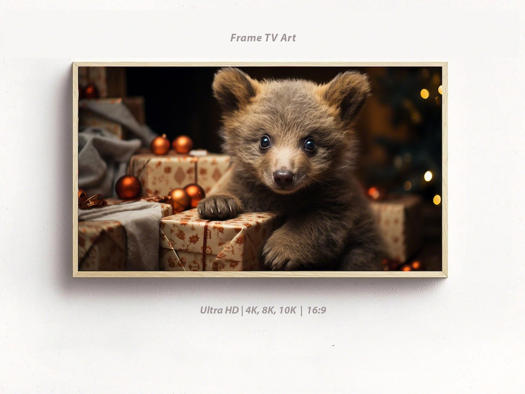 Festive Bear Cub Frame TV | Adorable Wildlife Frame TV Art | Cozy ...