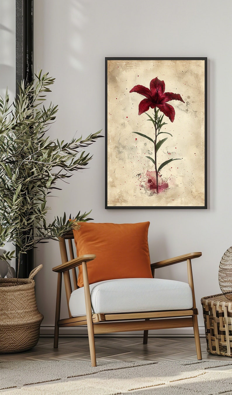 Vintage Botanical PRINTABLE Art | Grunge Style Red Lily Painting ...