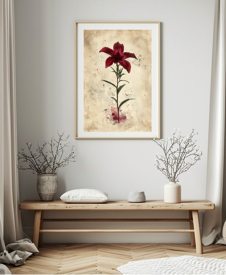 Vintage Botanical PRINTABLE Art Grunge Style Red Lily Painting Artistic ...