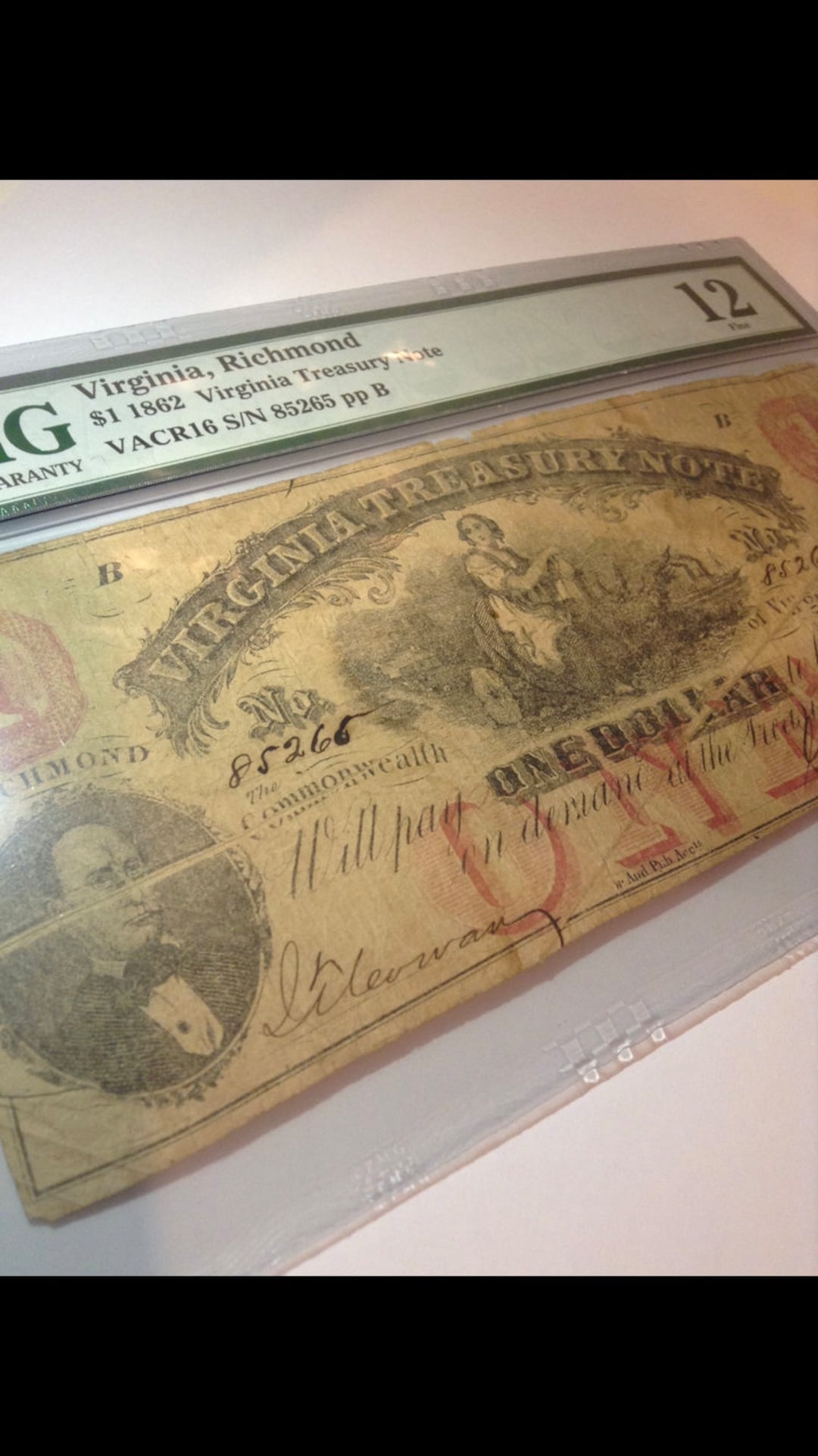 Rare Gutter Fold Error Early 1862 One Dollar Virginia Treasury Note- PMG Graded Fine 15- Crazy ...