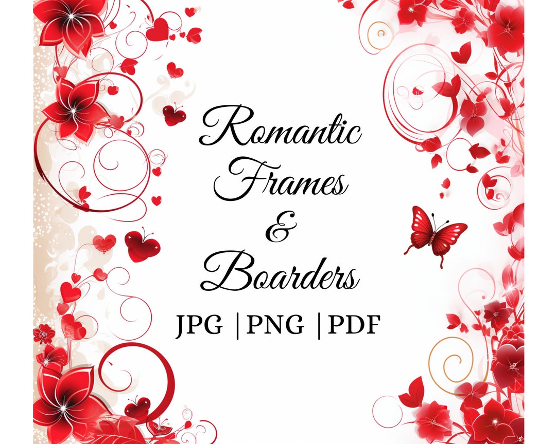 12 X Romantic Border Clipart PNG JPG & PDF Heart Border Card Making ...
