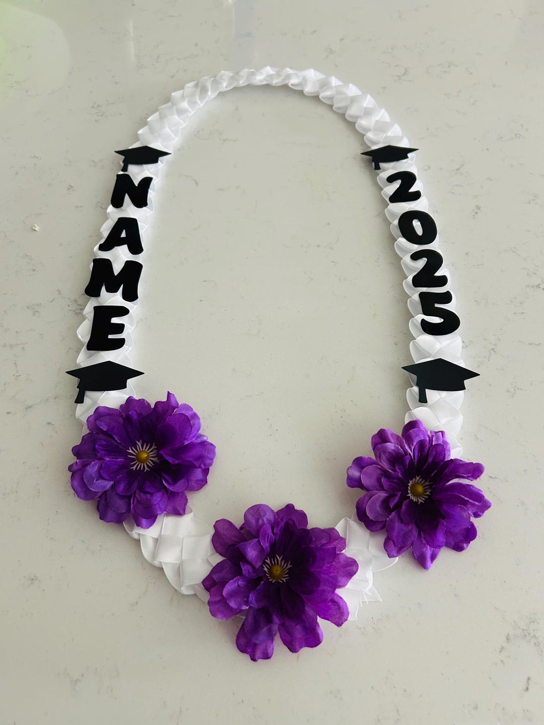 Personalized White Satin Graduation Lei With Purple Flowers - Etsy