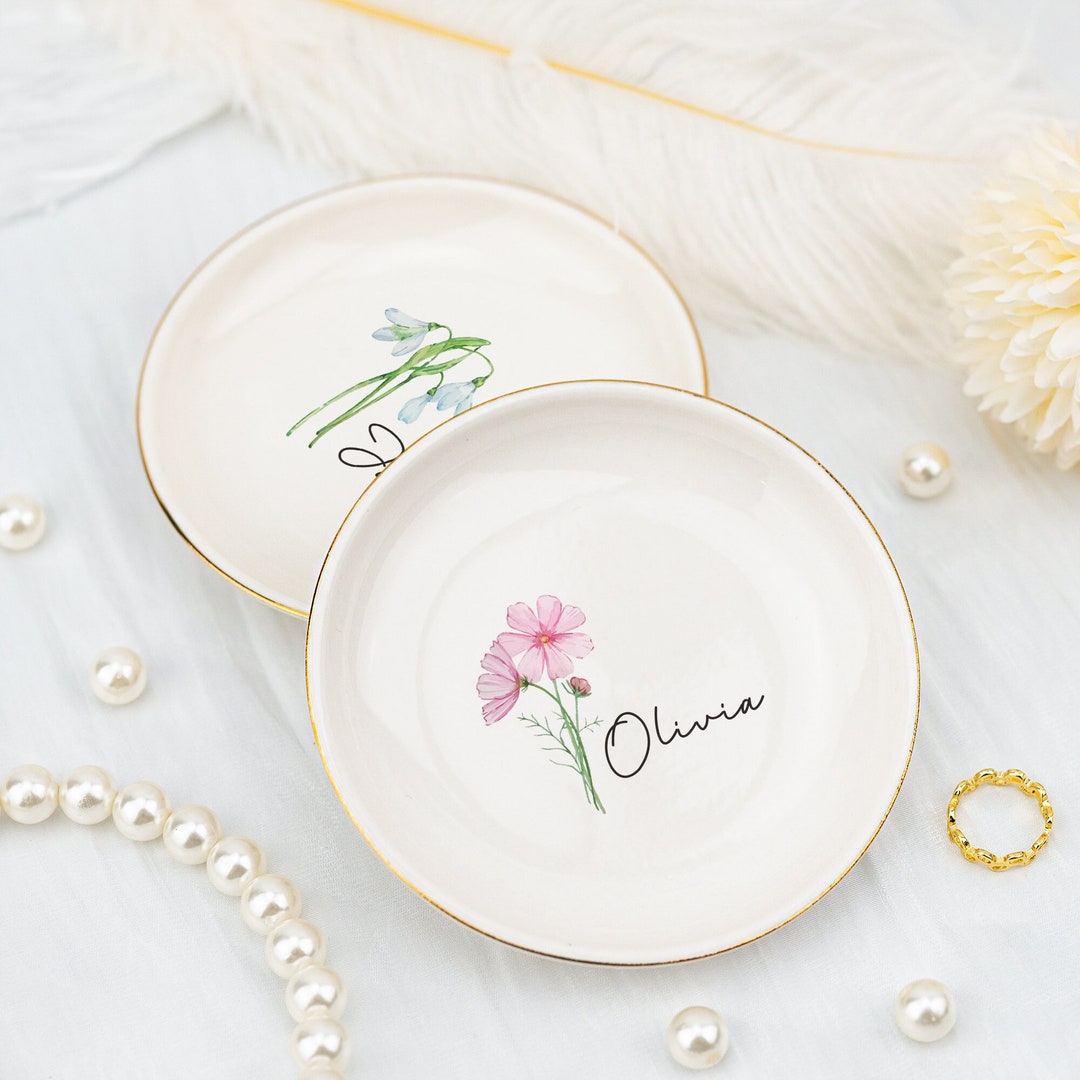 Personalised Birth Flower Trinket Dish, Watercolor Flower Ring Dish ...