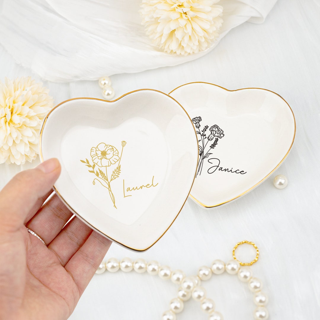 Personalized Heart Shape Ring Dish,birth Flower Jewelry Dish,wedding ...