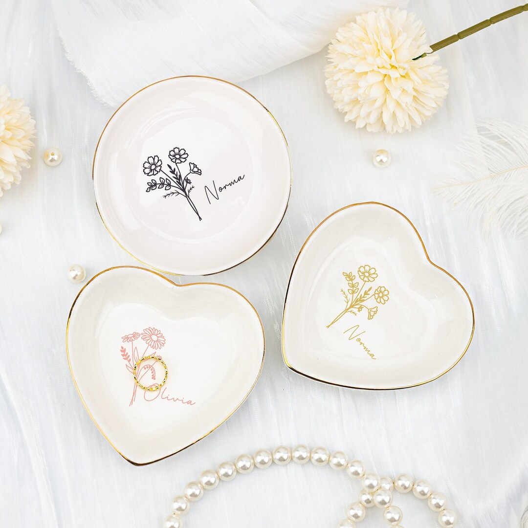 Birth Flower Jewelry Dish, Wedding Party Jewelry Dish for Bridesmaid ...
