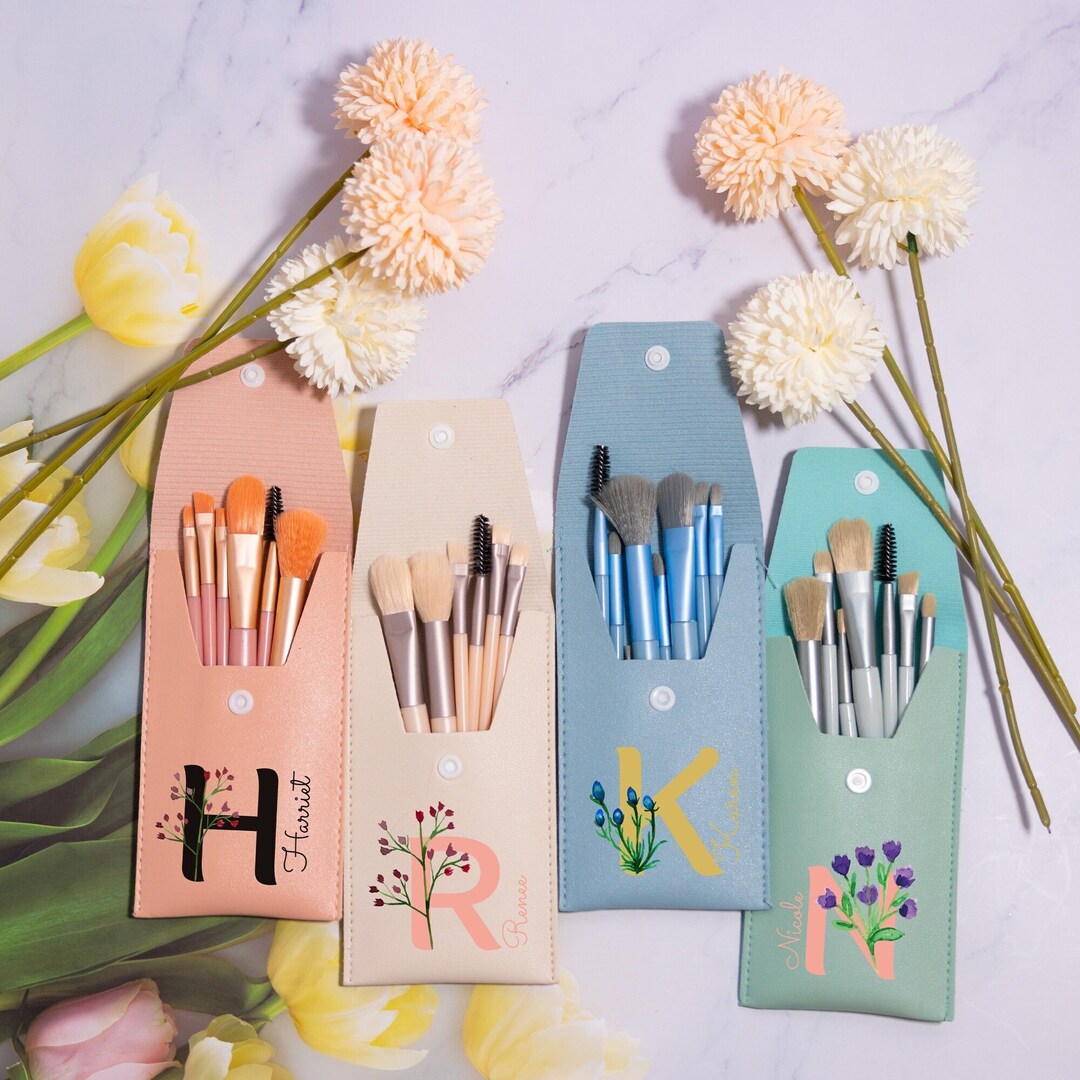 Personalised Letter & Flower Makeup Brush Set,mother's Day Gift,leather ...