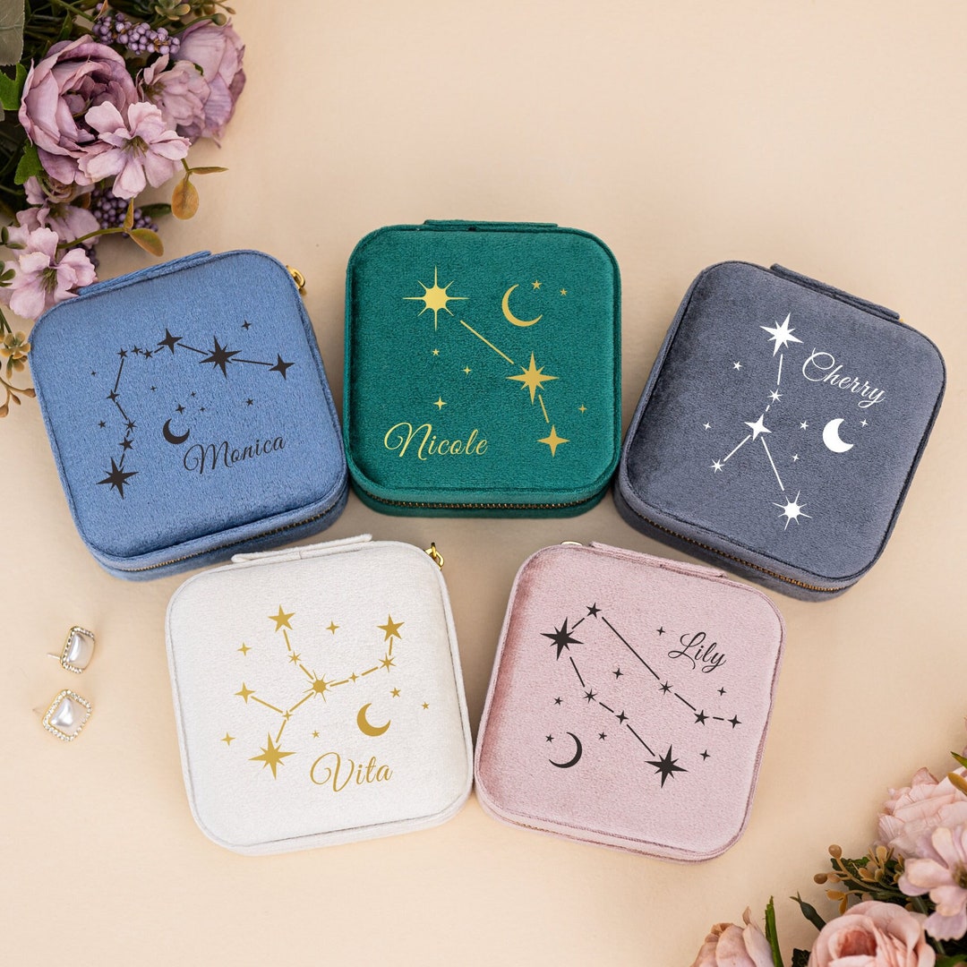 Velvet Zodiac Sign Jewelry Box, Personalized Star Sign Name Jewelry Box ...