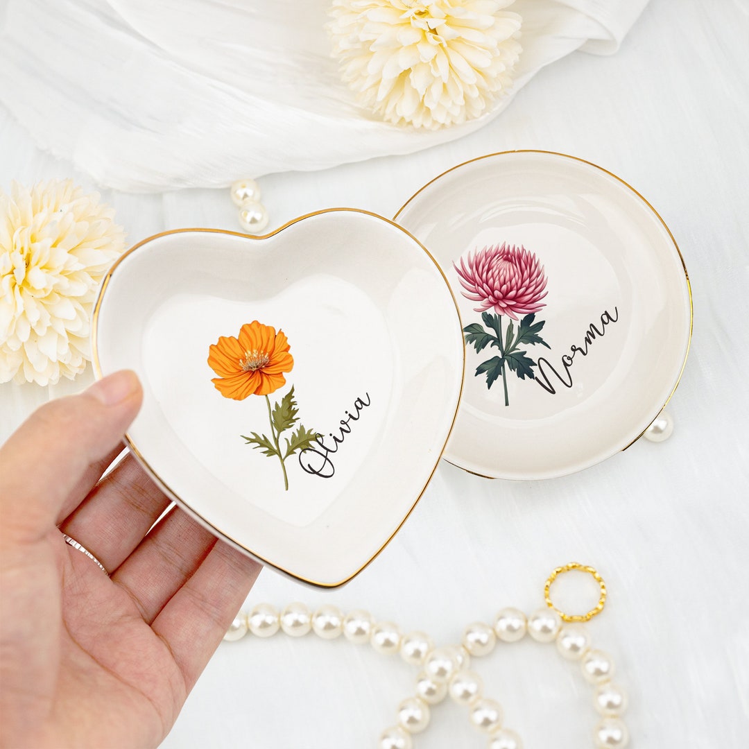 Colorful Special Birth Flower Jewelry Dish, Personalised Bridesmiad ...