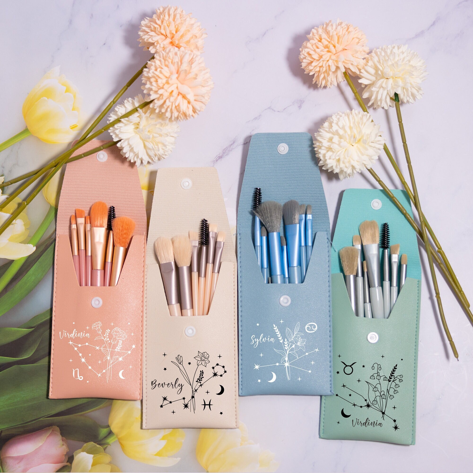 Personalised Birth Flower & Zodiac Sign Makeup Brush Set, Mother's Day ...