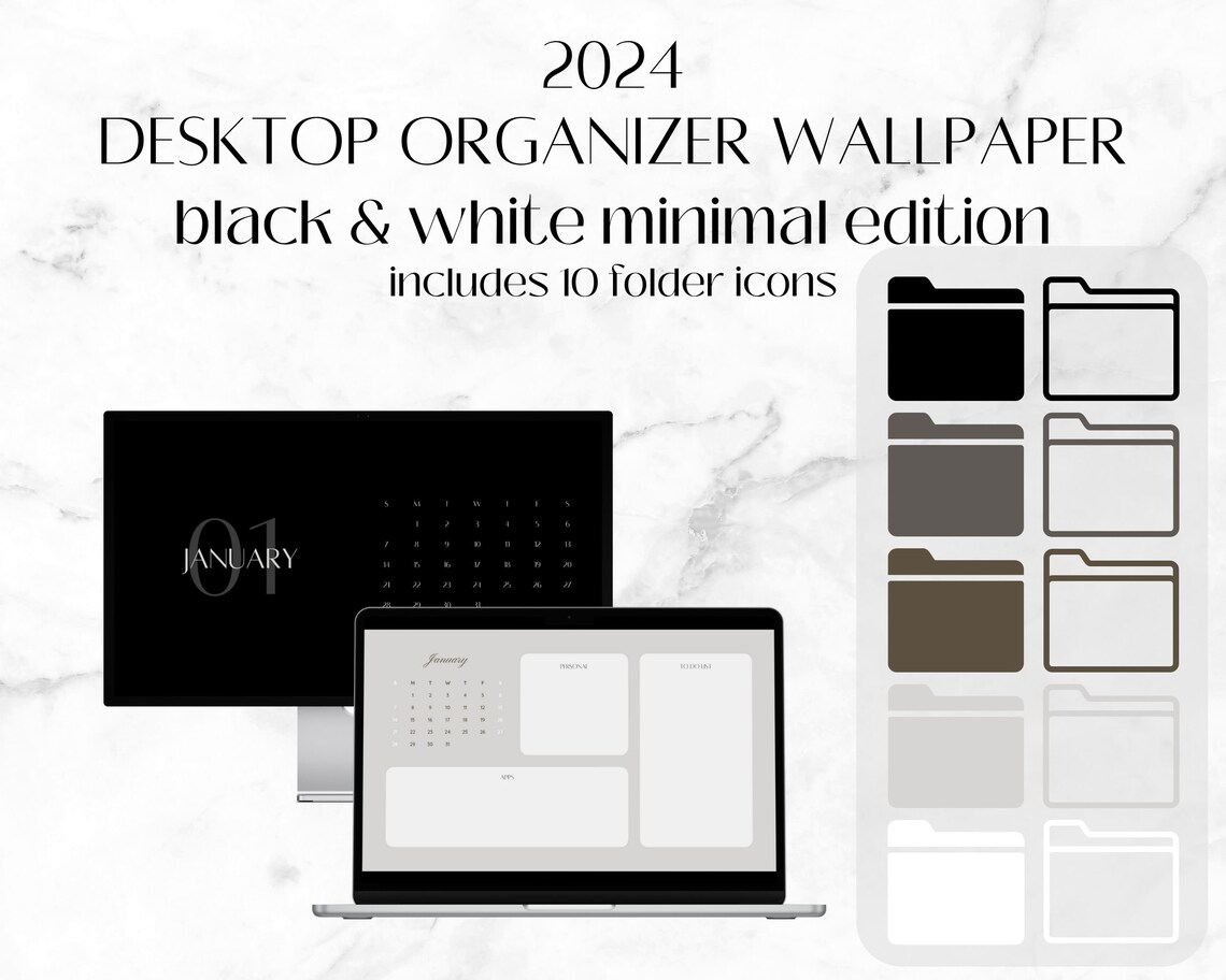 2024 Desktop Organizer Wallpaper Black & White Minimal With Calendar ...