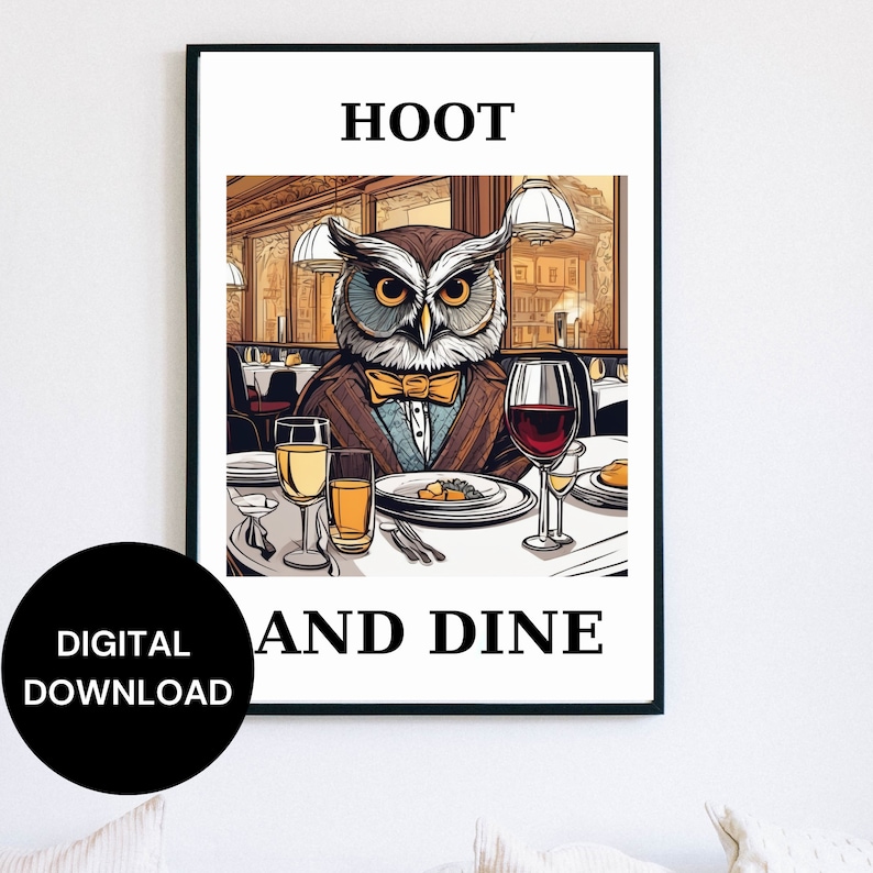 Classy Owl Fine Dining Print, Retro Poster, Fine Dining, Kitchen Decor ...