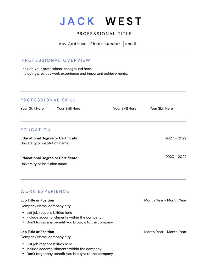 Professional Simple Resume Template - Etsy