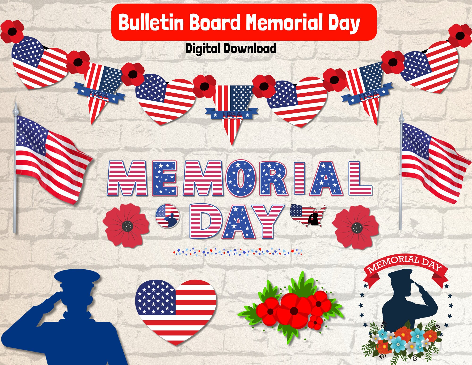 Memorial Day Bulletin Board Kit, Letters, Borders, Banner May Printable ...