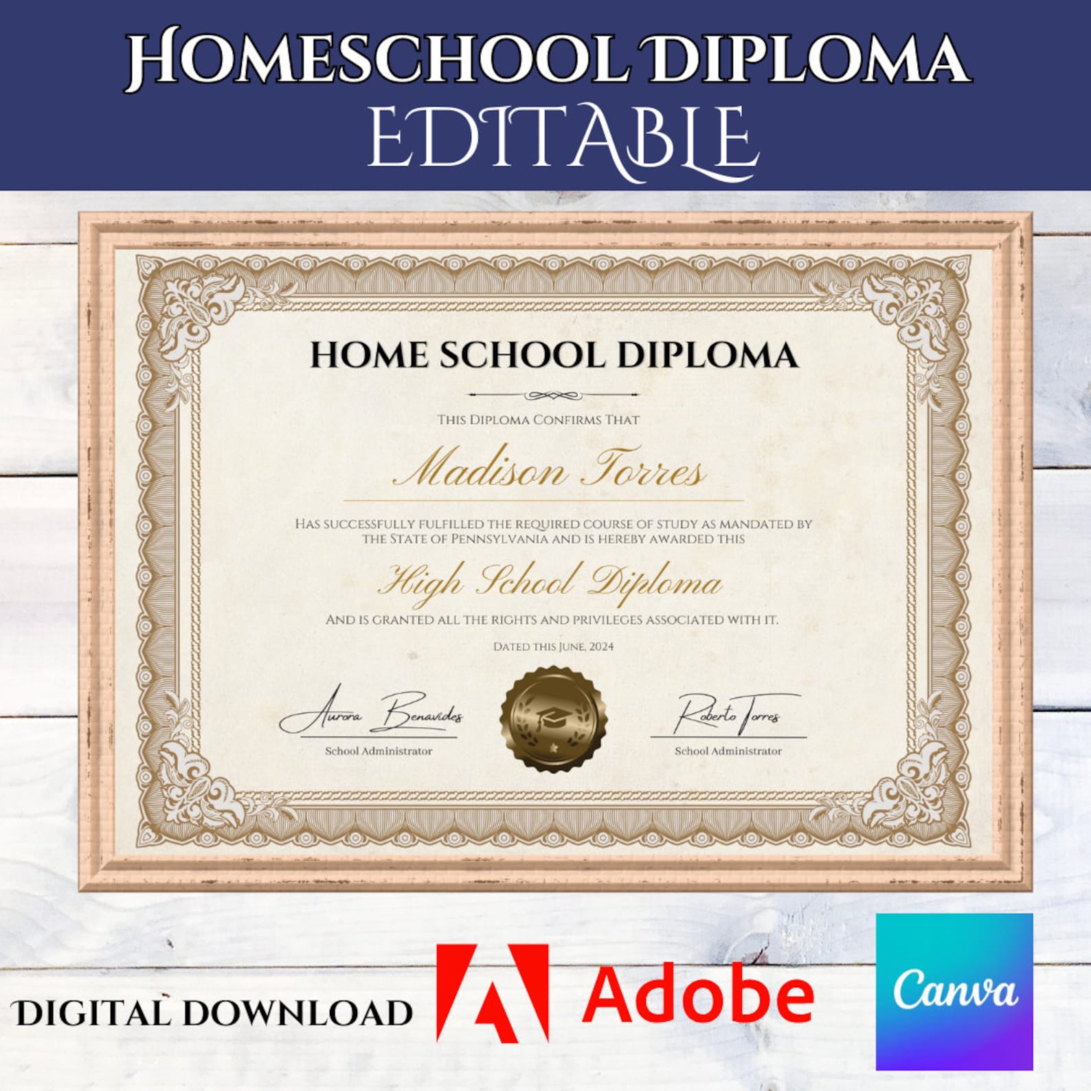 Printable Homeschool Diploma With Gold Seal, High School Graduation Certificate, Editable ...