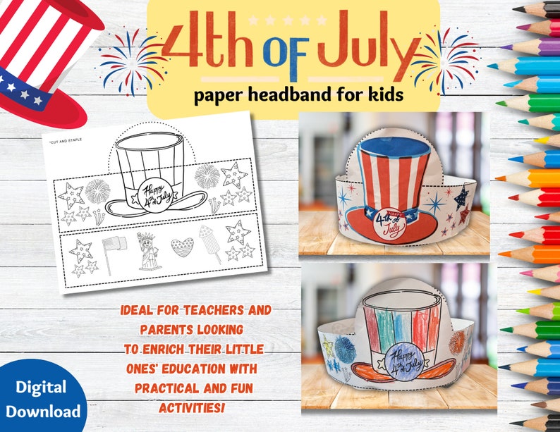 4th of July Headband, USA Printable Craft, Independence Day Coloring ...