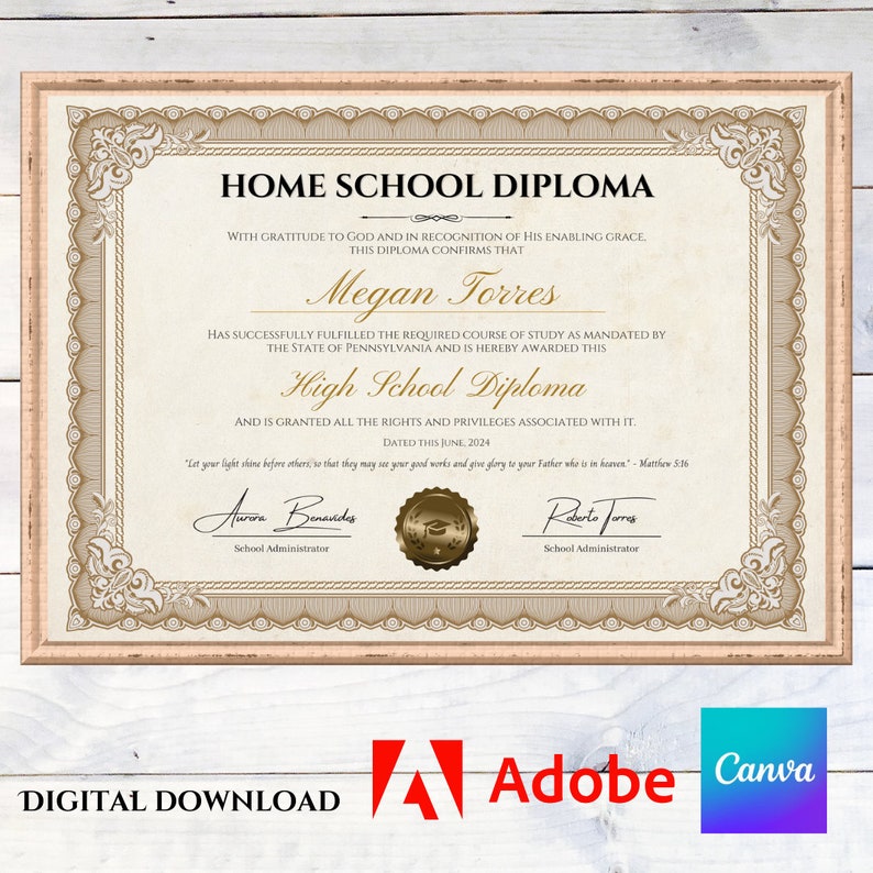 Religious Printable Homeschool Diploma, High School Graduation ...
