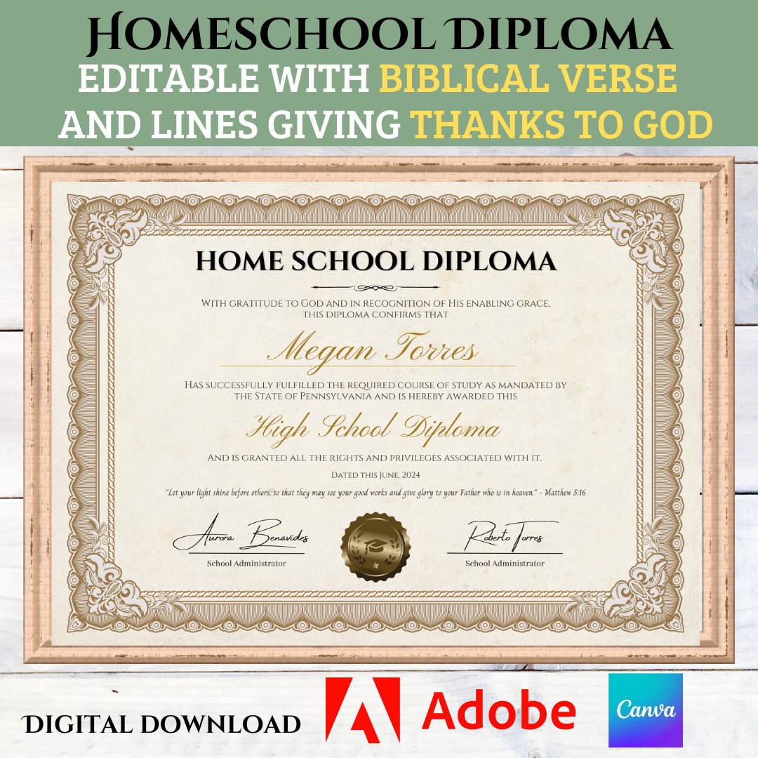 Religious Printable Homeschool Diploma, High School Graduation ...