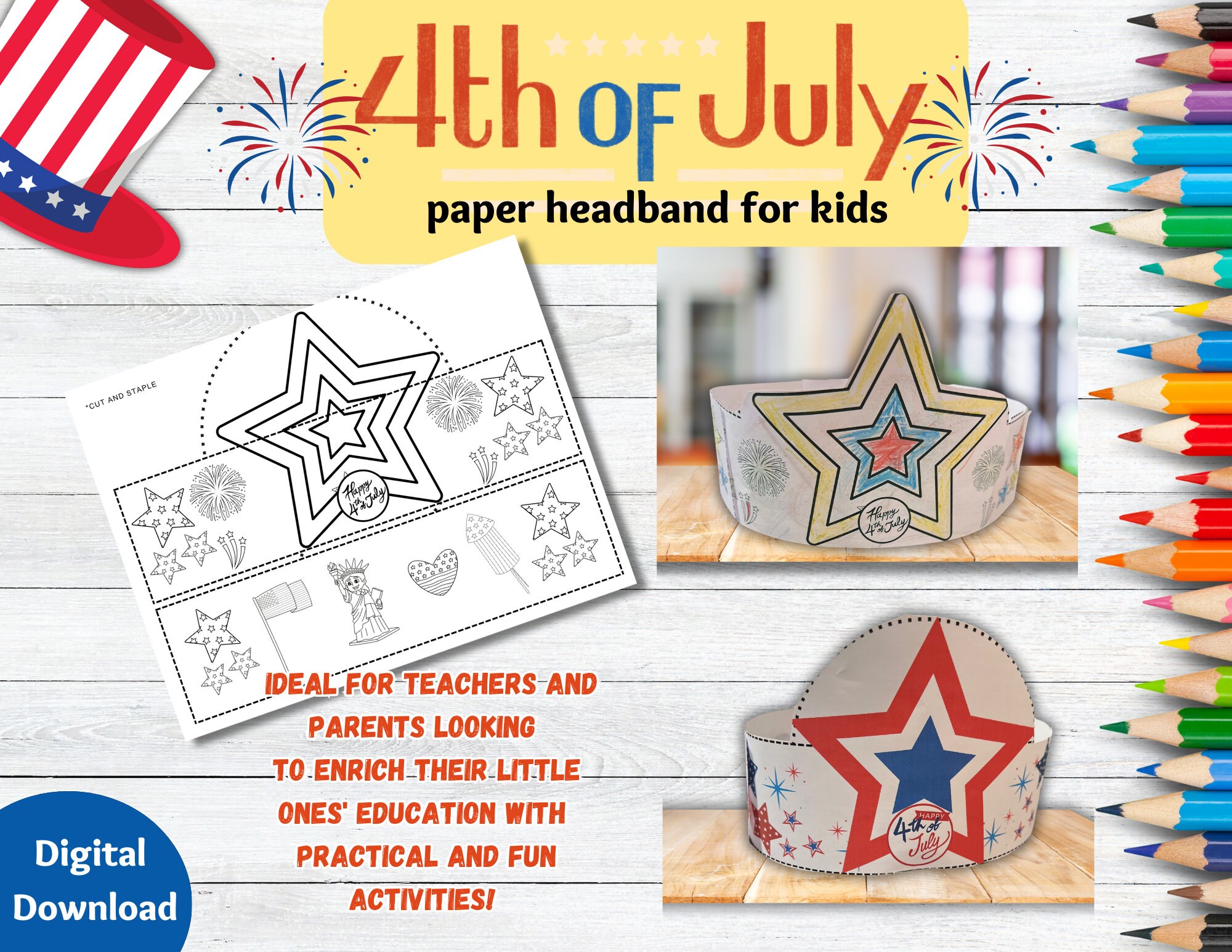 4th of July Headband: USA Printable Craft, Kids Coloring Activity ...