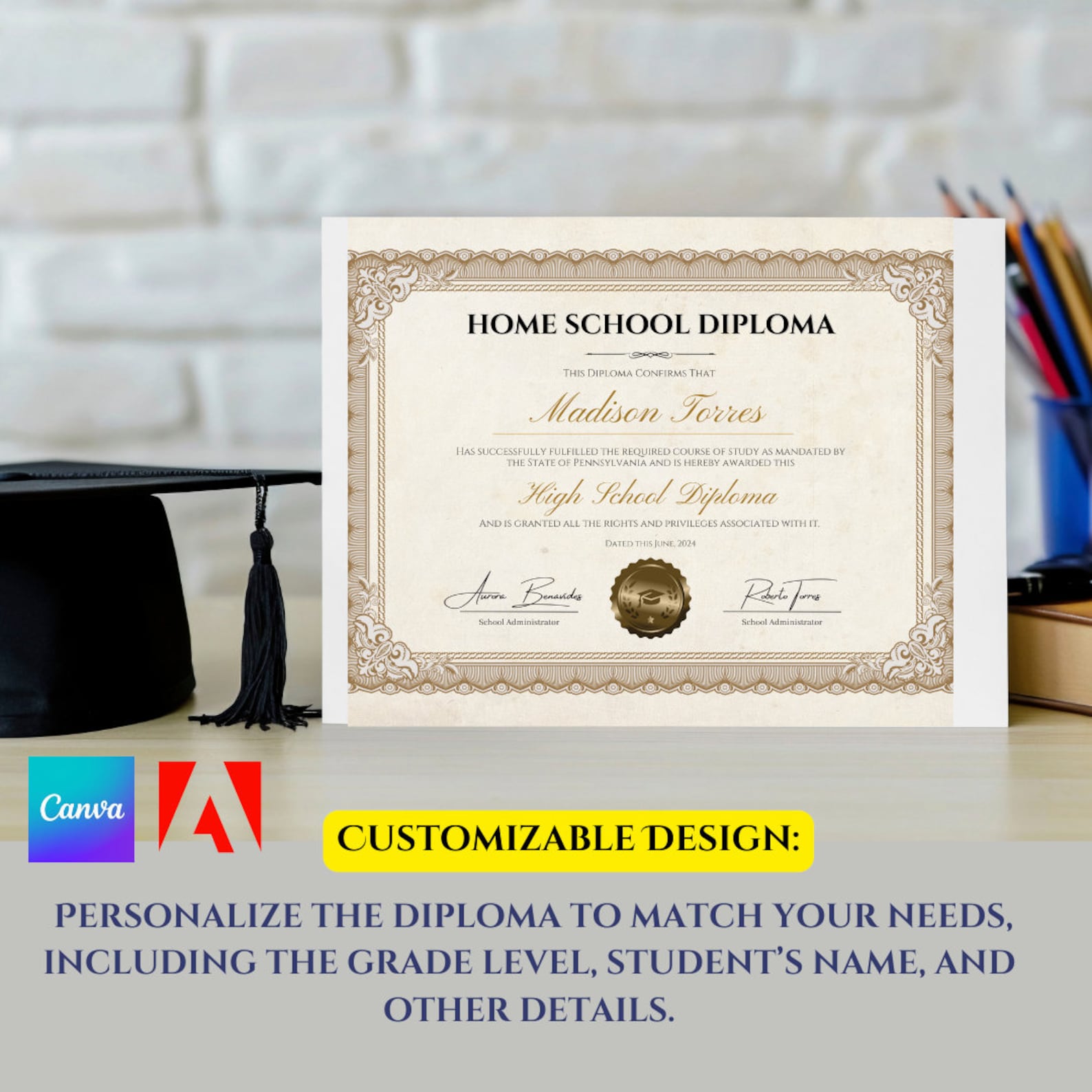 Printable Homeschool Diploma With Gold Seal, High School Graduation ...