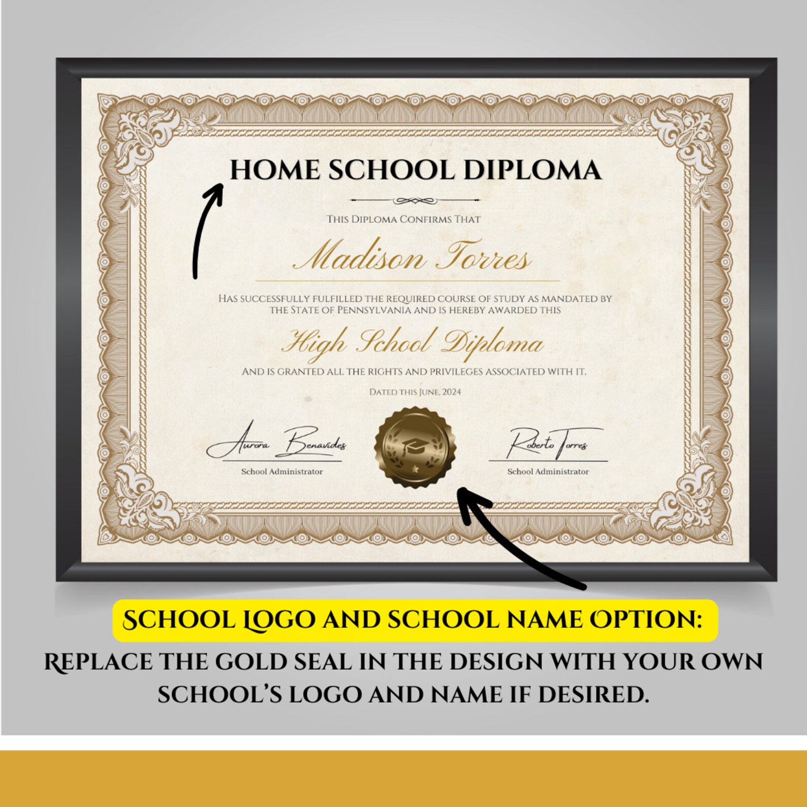 Printable Homeschool Diploma With Gold Seal, High School Graduation ...