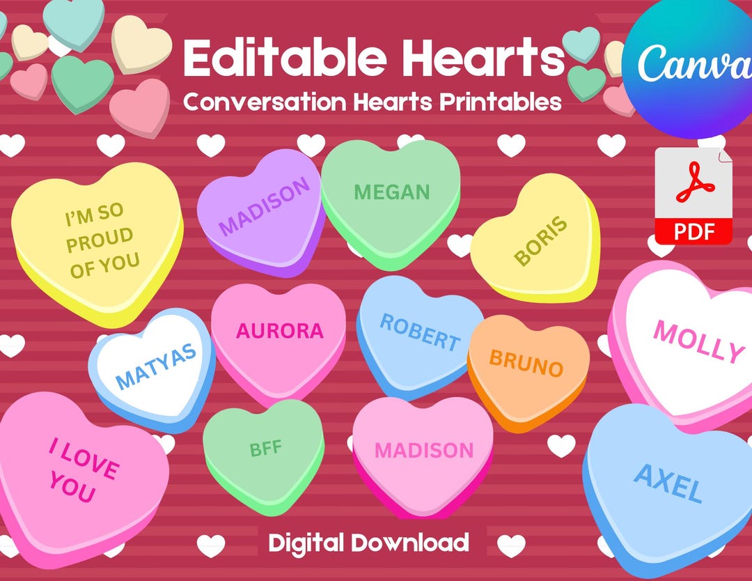 Editable Valentine's Conversation Hearts: Canva & PDF Template (digital ...