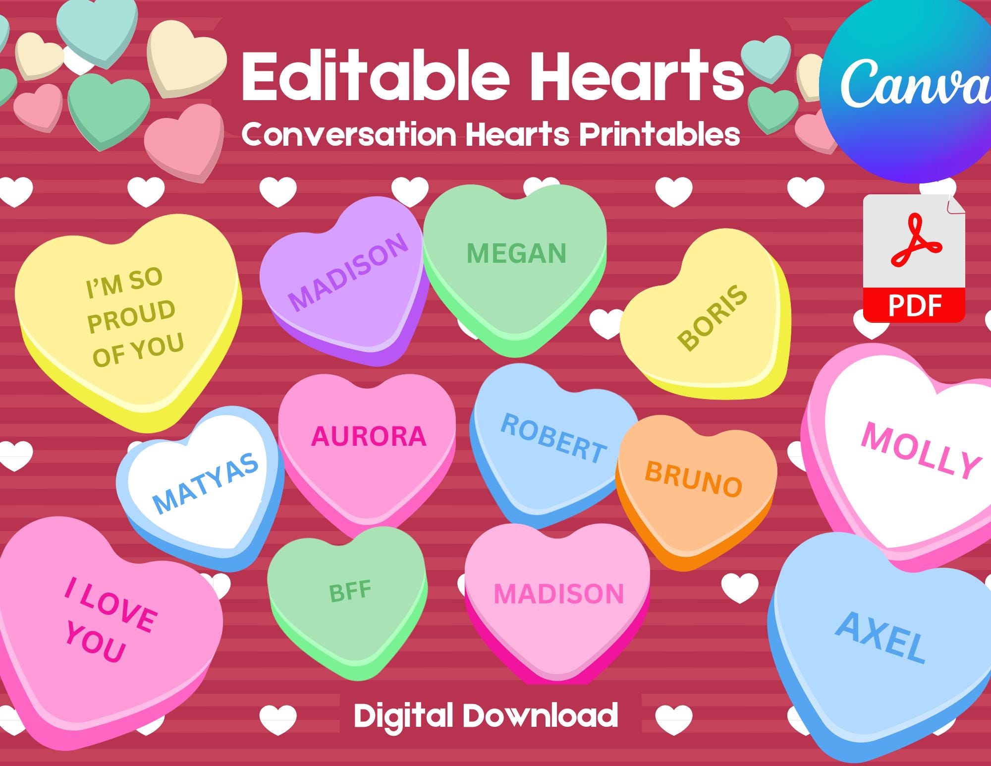 Editable Valentine's Conversation Hearts: Canva & PDF Template (digital ...