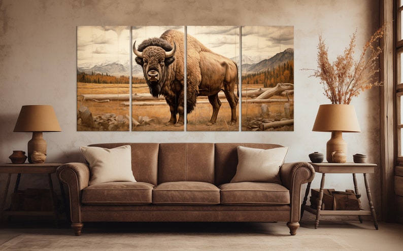 Beige Bison Canvas Wall Art Rustic Home Decor Bison Yellowstone ...