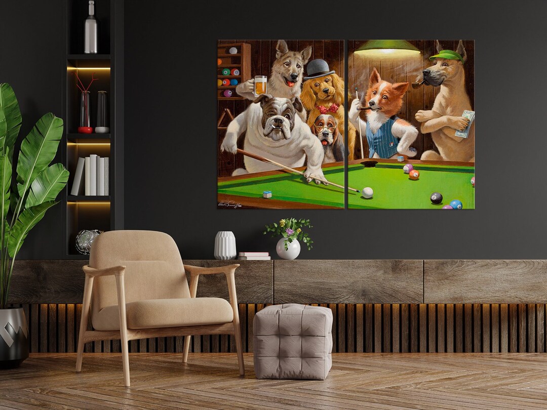 Dogs Playing Pool Canvas Wall Art Game Room Decor Funny Print Dog ...