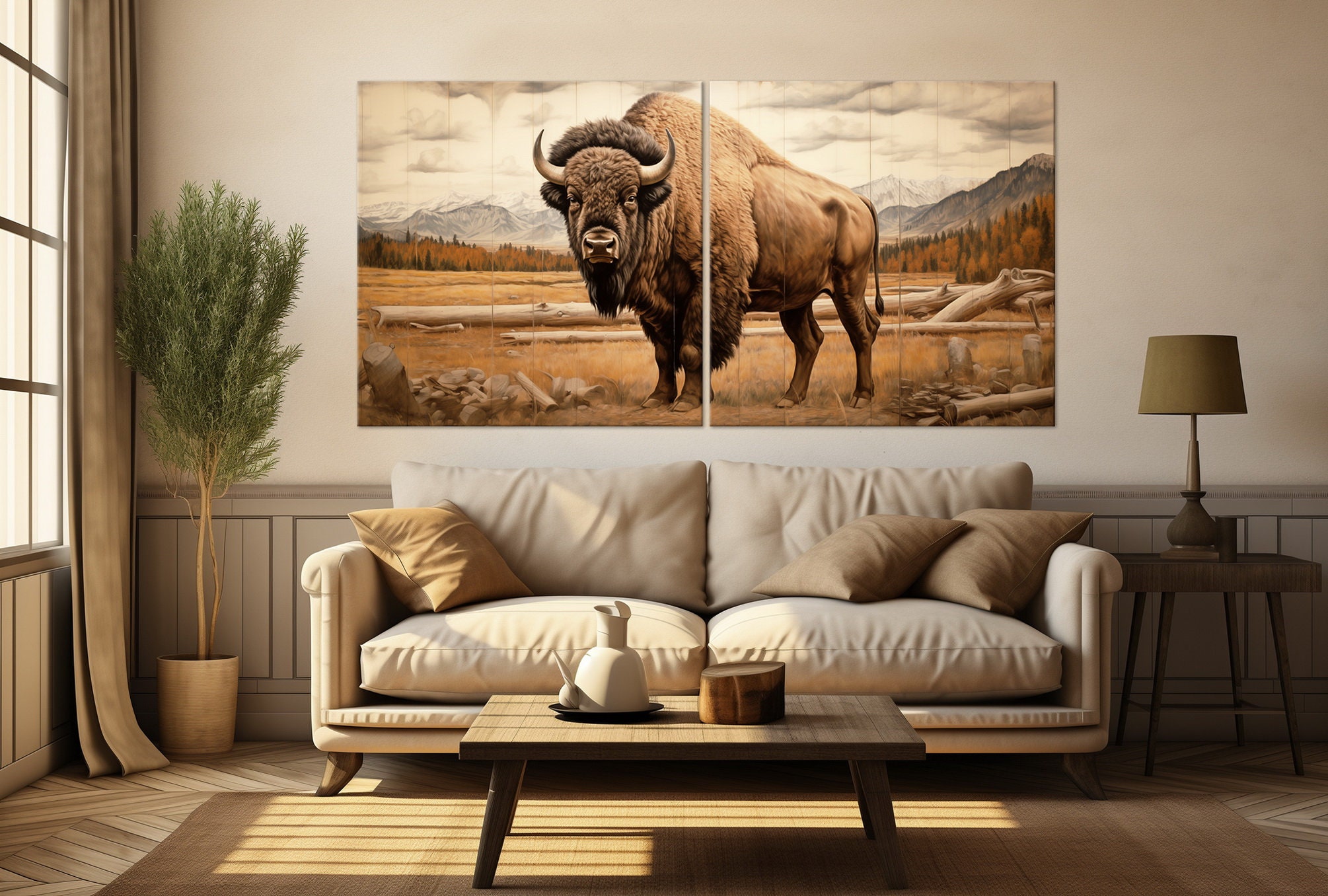 Beige Bison Canvas Wall Art Rustic Home Decor Bison Yellowstone ...