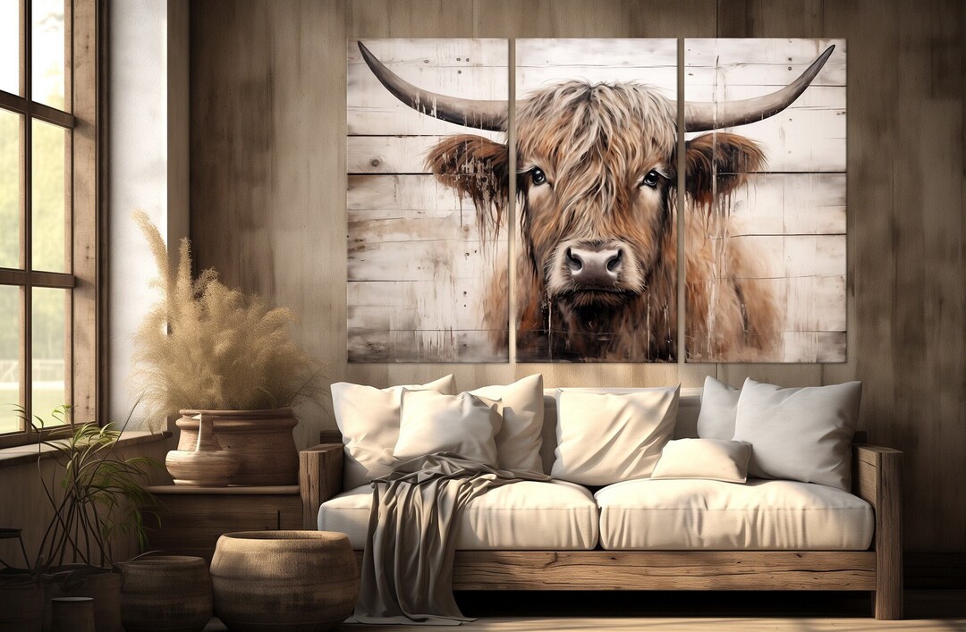 Highland Cow Canvas Wall Art Cow Painting Print Wooden Background ...