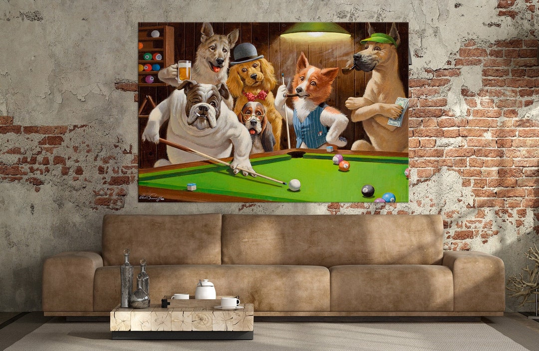 Dogs Playing Pool Canvas Wall Art Funny Print Dog Billiards Home Decor ...