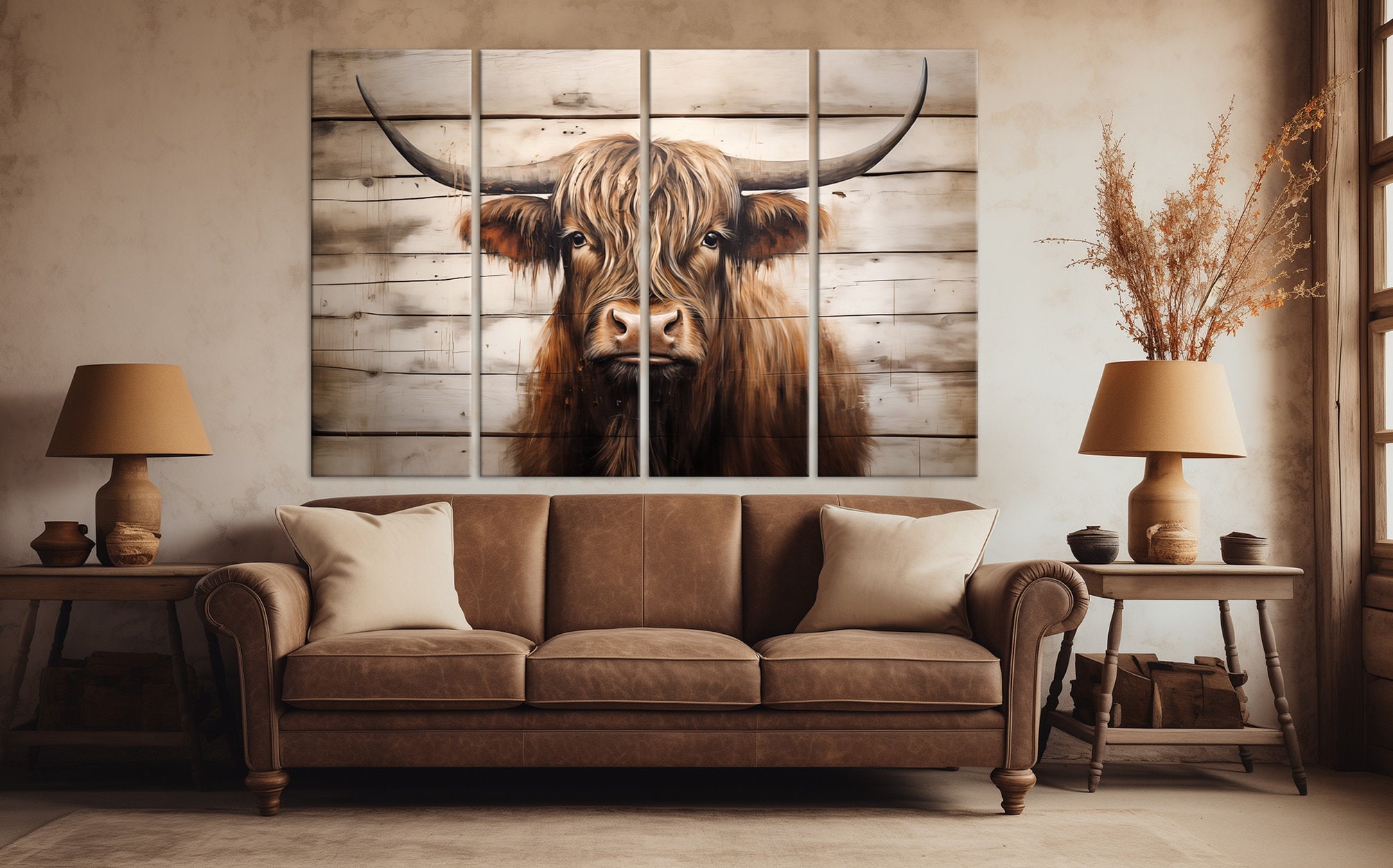 Highland Cow Canvas Wall Art Farmhouse Wall Decor Beige Highland Cow ...