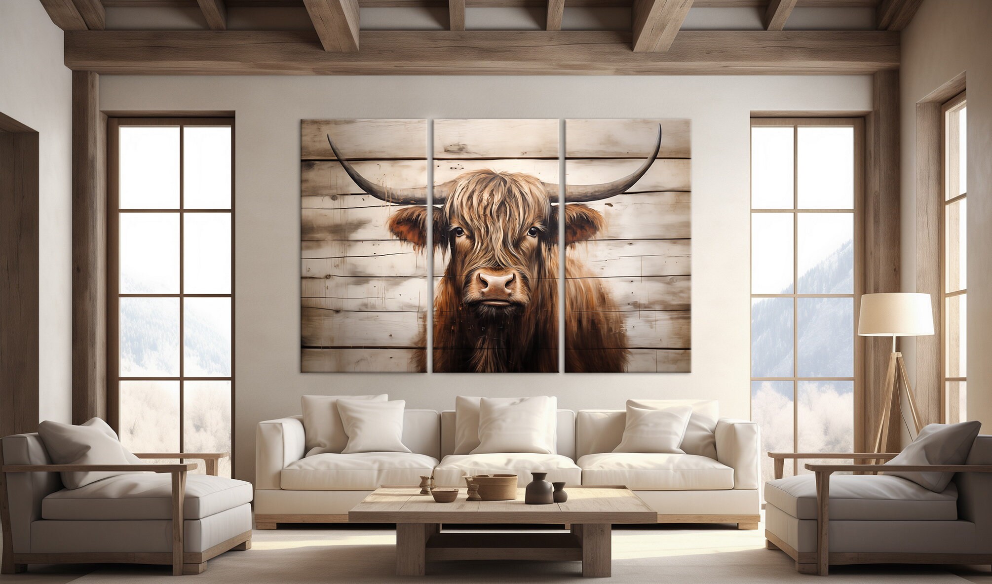 Highland Cow Canvas Wall Art Farmhouse Wall Decor Beige Highland Cow ...