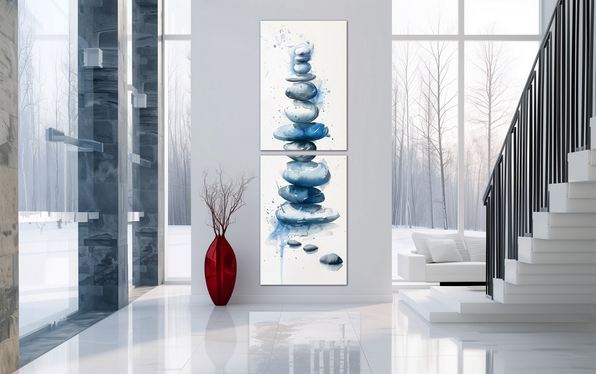 Zen Stones Canvas Wall Art Long Narrow Decor Blue Watercolor Print ...
