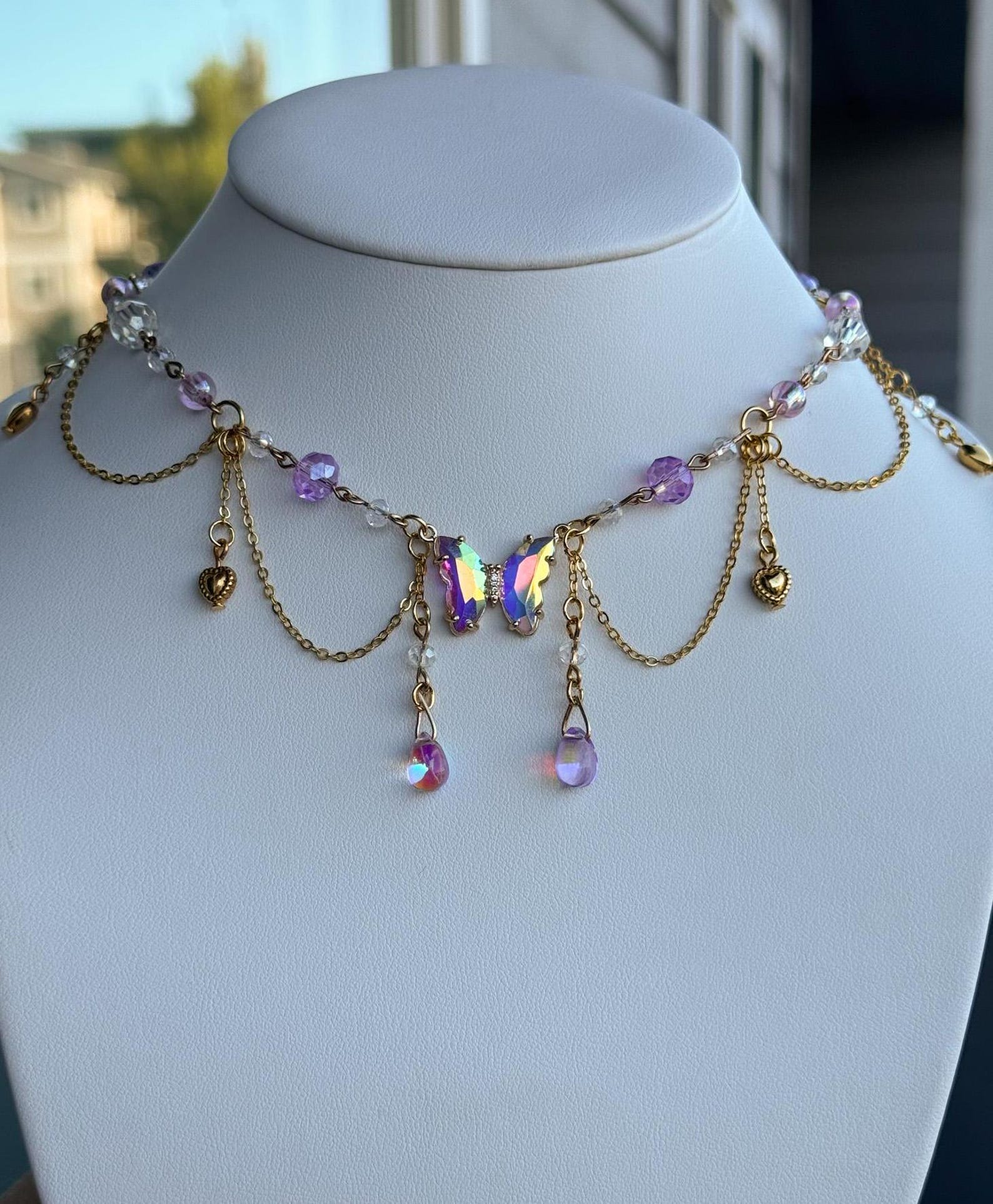 Gold and Purple Butterfly Necklace, Fairycore Beaded Jewelry, Royalcore ...