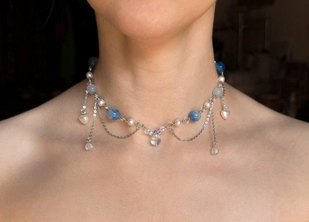 Blue Fairy Princess Necklace, Handmade Layered Beaded Choker, Y2K ...